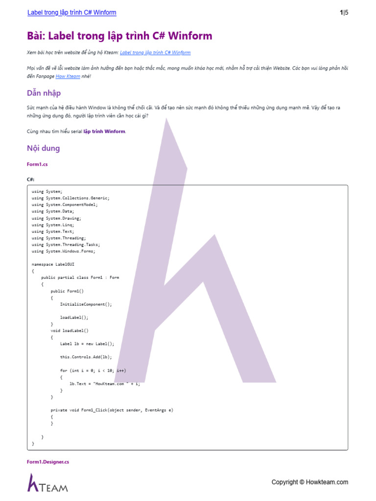 HOWKTEAM.vn - Label Trong Lập Trình C# Winform | PDF