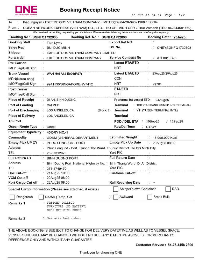 Proforma ETD for 1st Vessel Booking | PDF | Bill Of Lading | Cargo