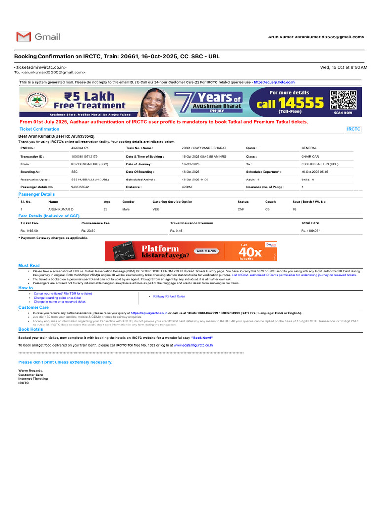 Booking Confirmation On IRCTC, Train - 20661, 16-Oct-2025, CC, SBC ...