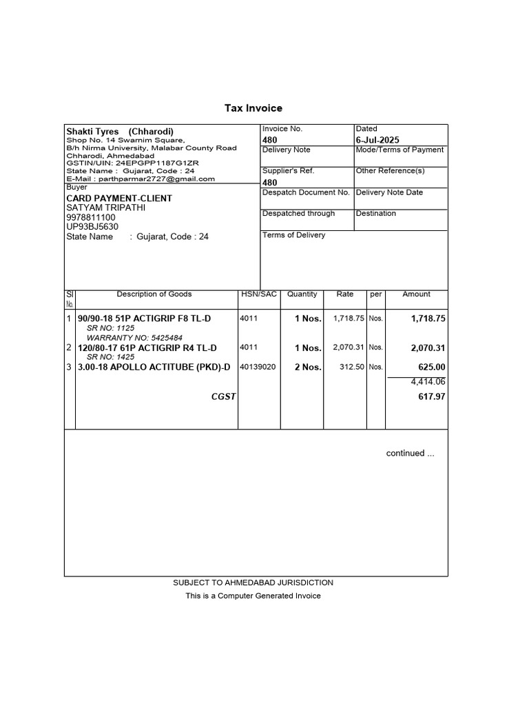 Tax Invoice for Shakti Tyres Purchase | PDF | Invoice | Taxes