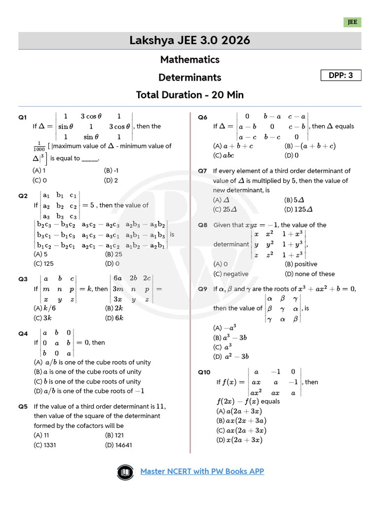Determinants - DPP 03 (Of Lec 05) | PDF