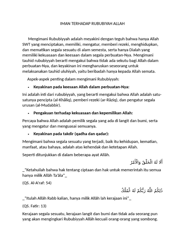Memahami Iman Rububiyyah Allah SWT | PDF