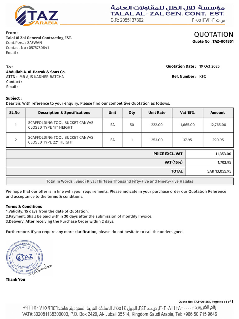 Scaffolding Tool Bucket Quotation TAZ-001851 | PDF