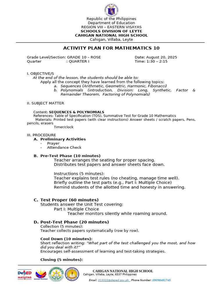 Math 10 Activity Plan: Sequences & Polynomials | PDF | Educational ...