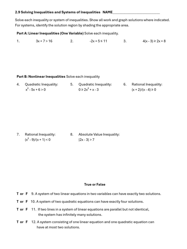 Systems of Inequalities with No Solutions | PDF | Equations ...