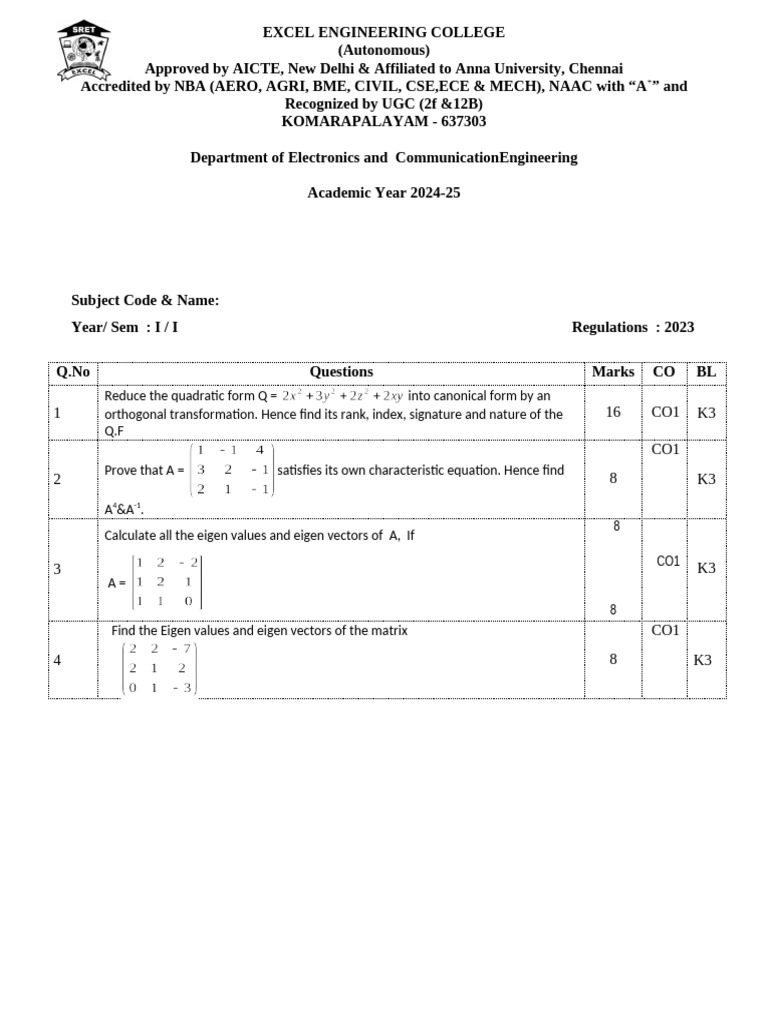 Excel Engineering College ECE Exam Questions | PDF