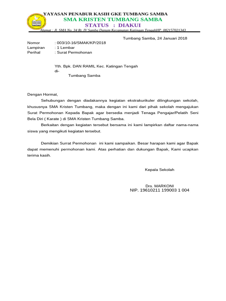 Permohonan Pengajar Karate di SMAK Tumbang | PDF