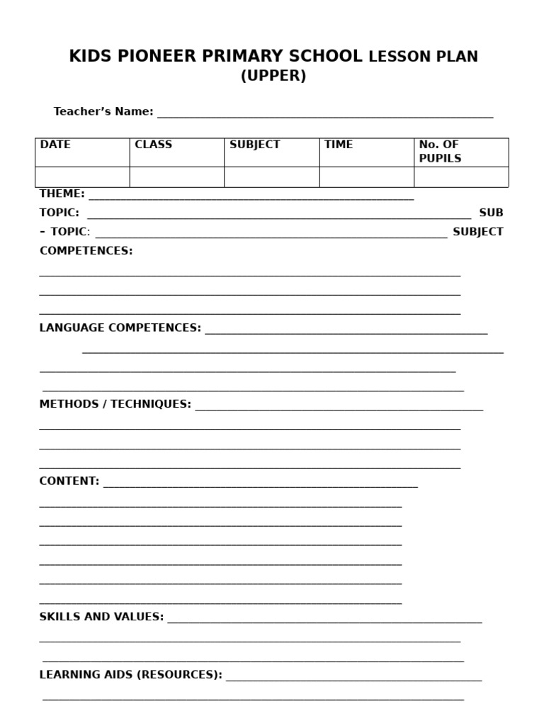 Kids Pioneer Primary School Lesson Plans | PDF | Lesson Plan | Teachers