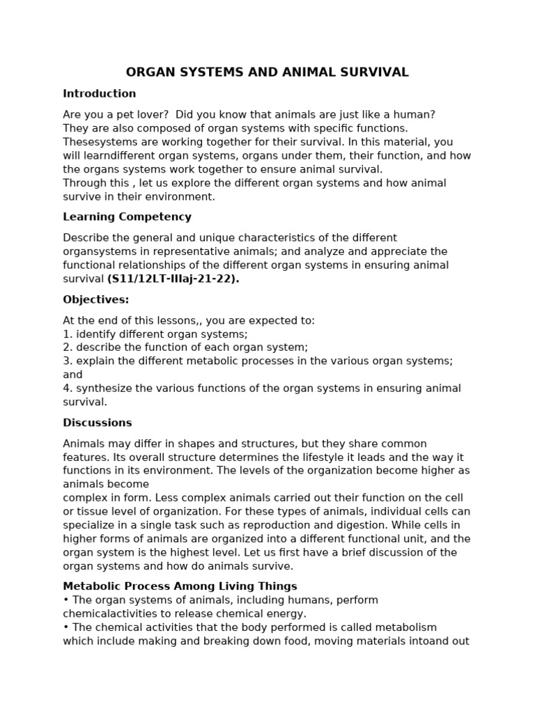 Animal Organ Systems for Survival | PDF | Circulatory System ...