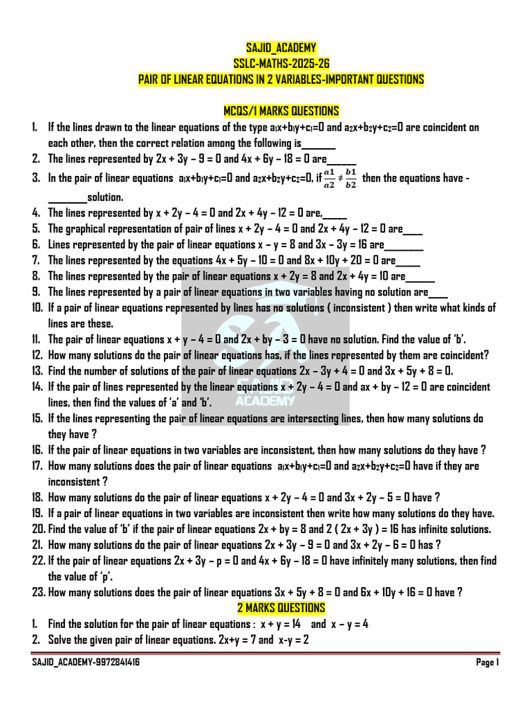 SSLC Maths 2025 26 Pair of Linear Equations in 2 Variables Important ...