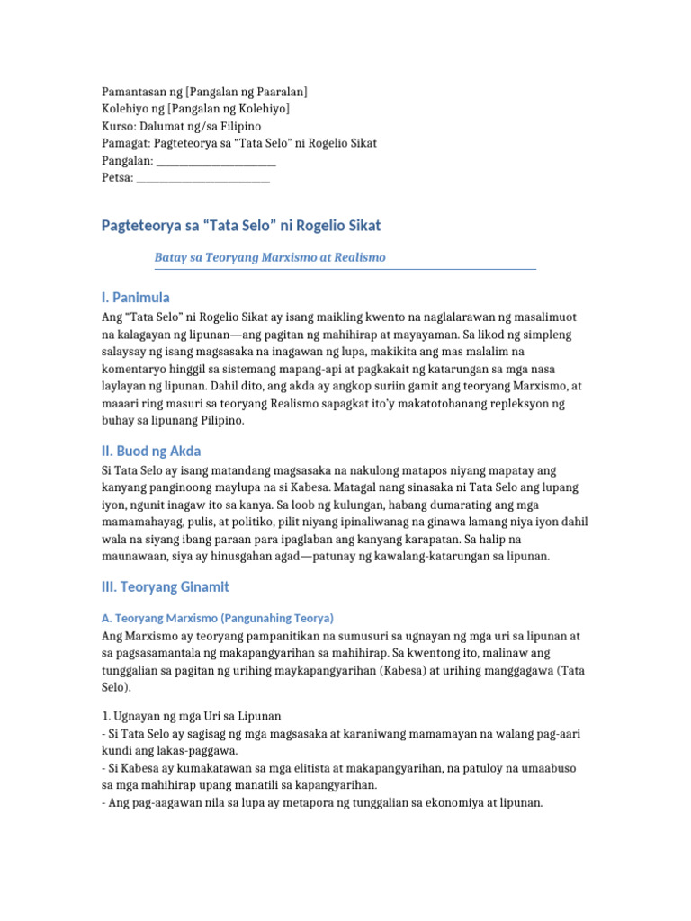 Pagteteorya Sa Tata Selo Rogelio Sikat | PDF