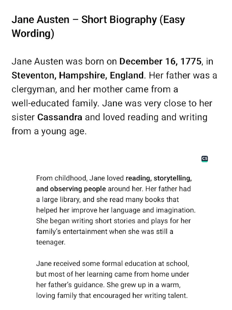 Biography of Jane Austen | PDF