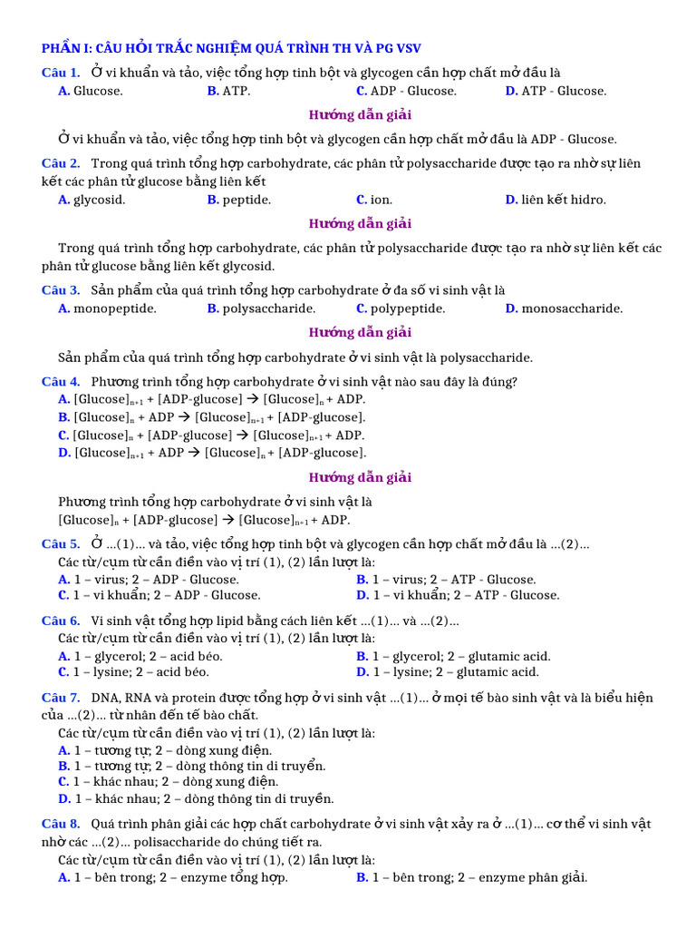 CÂU HỎI TRẮC NGHIỆM QaUÁ TRÌNH TH VÀ PHÂN GIẢI VSV | PDF
