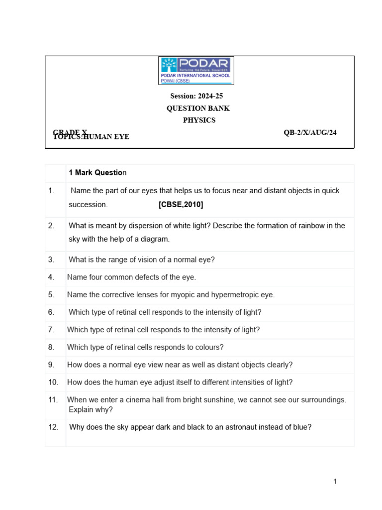 Grade X Physics Question Bank: Human Eye | PDF | Light | Refraction