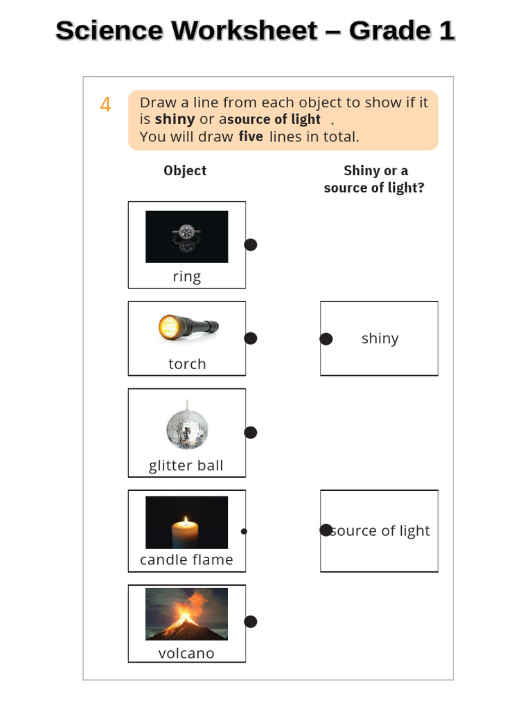 Grade 1 Science Worksheet on Light | PDF