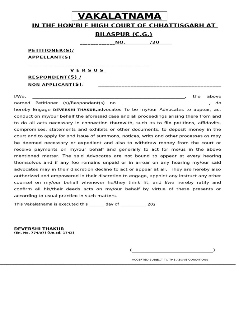 Vakalatnama for High Court Representation | PDF | Legal Procedure ...