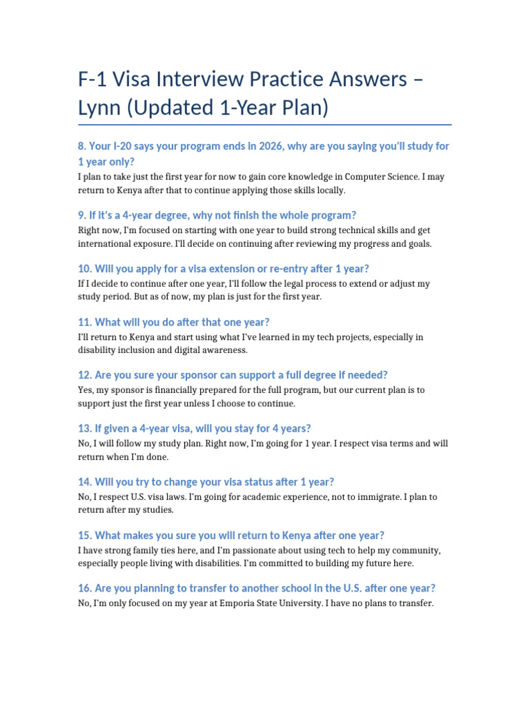 Lynn F1 Visa Updated Practice Answers | PDF | Travel Visa