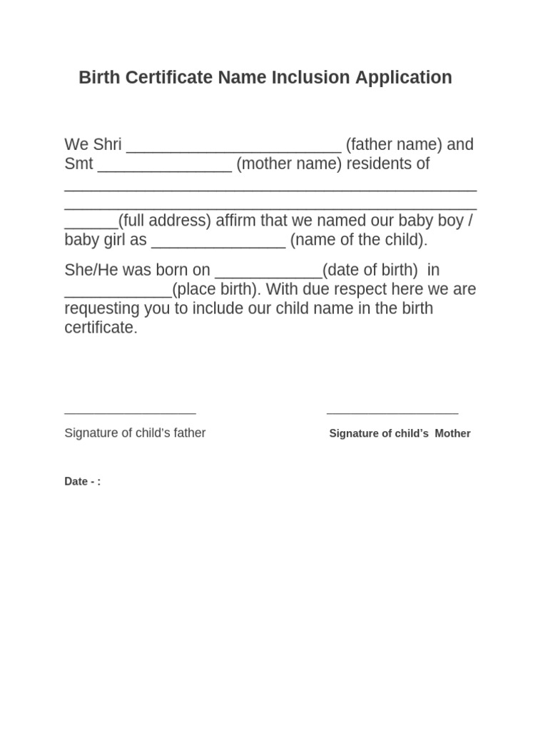 Birth Certificate Name Inclusion Application | PDF