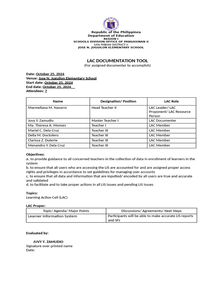 LAC Documentation for LIS Management | PDF