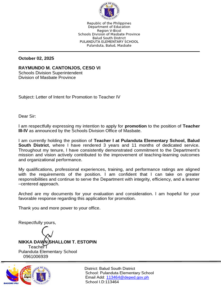 Promotion Letter for Teacher IV Position | PDF