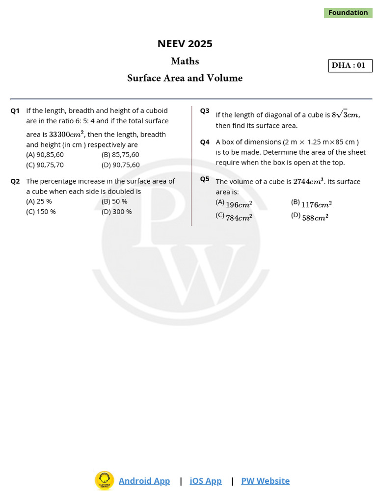 Surface Area and Volume - DHA 01 - Neev 2025 | PDF | Length | Area