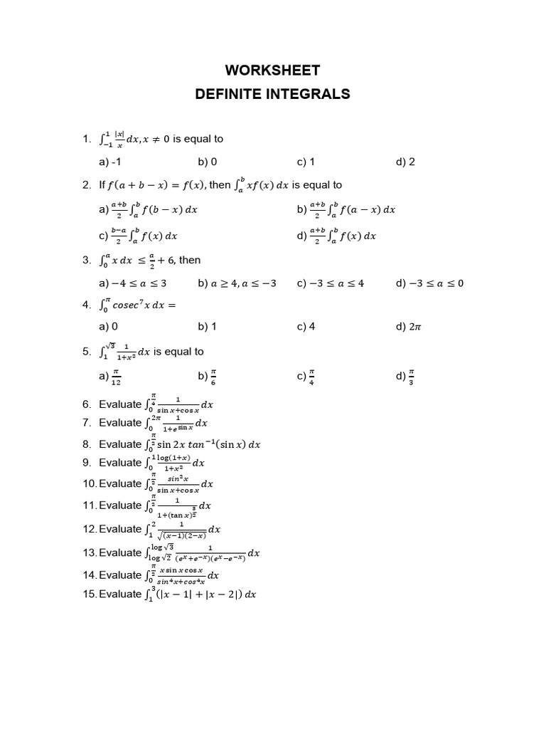 Definite Integrals Worksheet | PDF | Chess | Chess Theory
