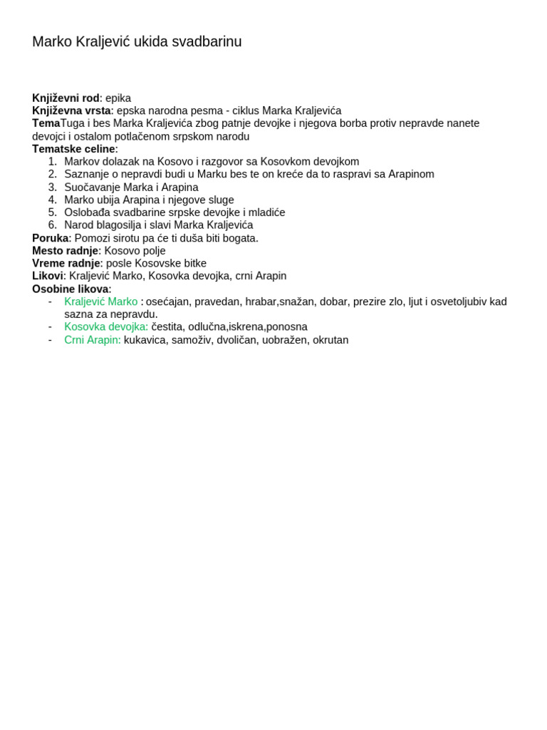 Marko Kraljević Ukida Svadbarinu - Analiza Pesme | PDF