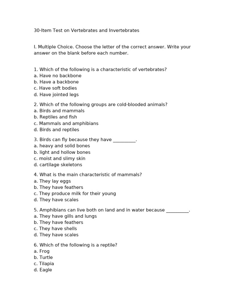 Vertebrates and Invertebrates Test | PDF | Vertebrates | Amphibian