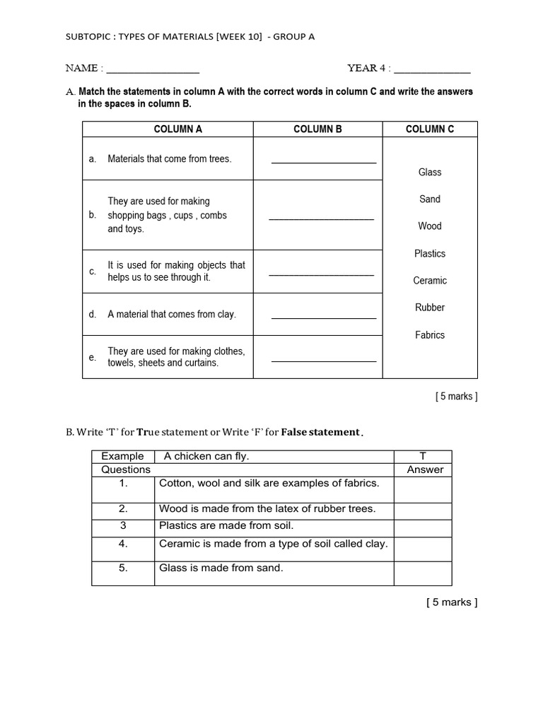Types of Materials Worksheet | PDF | Natural Rubber | Materials