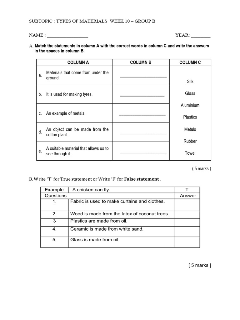 Group B Worksheet - Types of Materials (Week 10) | PDF | Natural Rubber ...