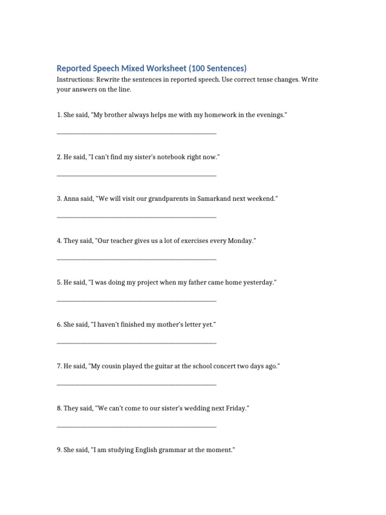 Reported Speech Worksheet | PDF
