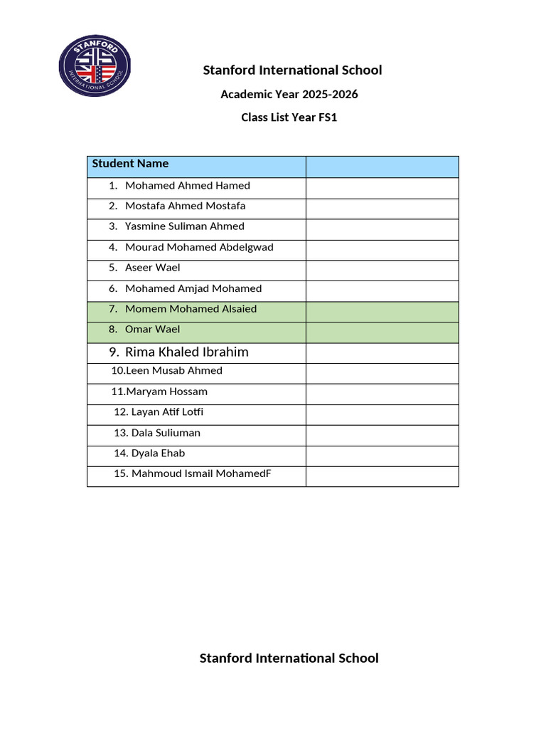 Stanford International School Class Lists 2025-2026 | PDF