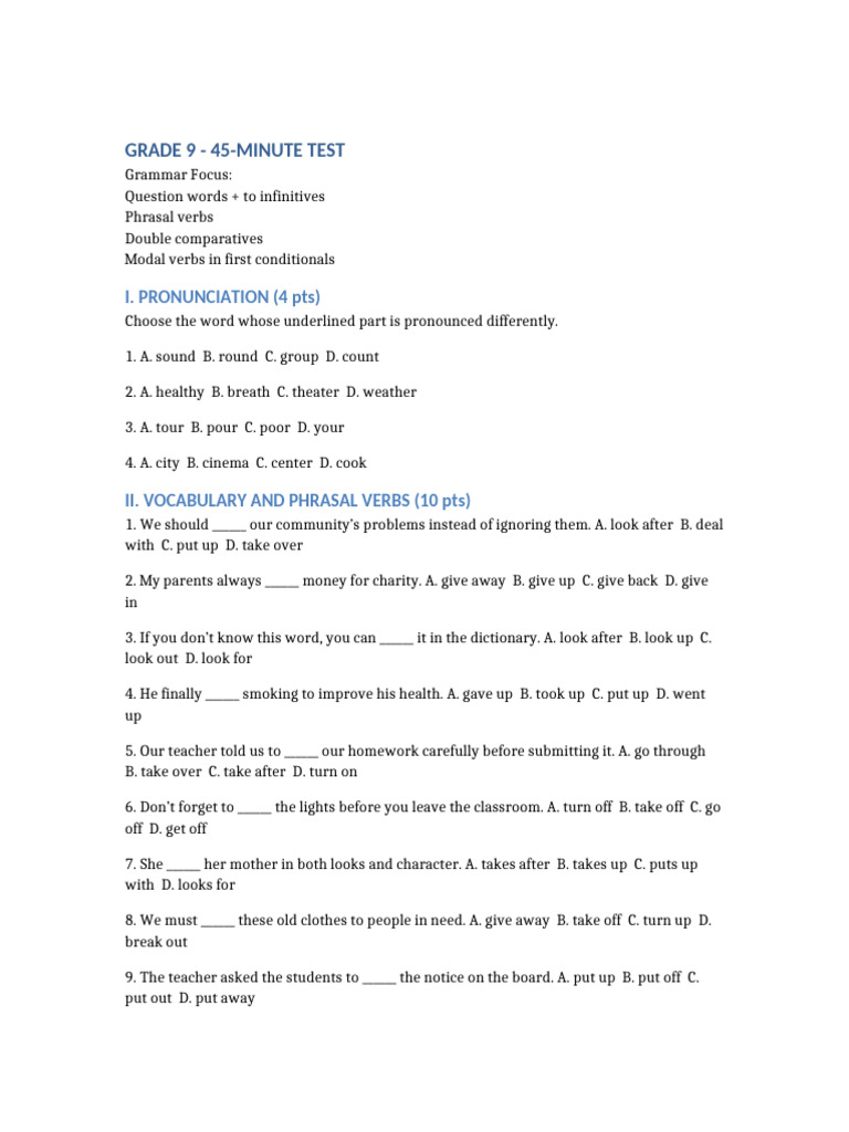 Grade 9 English Test: Grammar & Vocabulary | PDF | Linguistics | Grammar