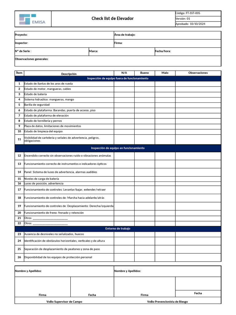 FT-SST-005 Formato Check List Elevador Tijera | PDF