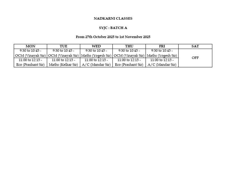 Syjc Batch A Time Table-23-1 | PDF