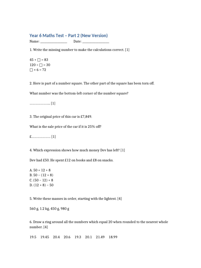Year 6 Maths Test Part 2 New | PDF | Circle | Elementary Geometry