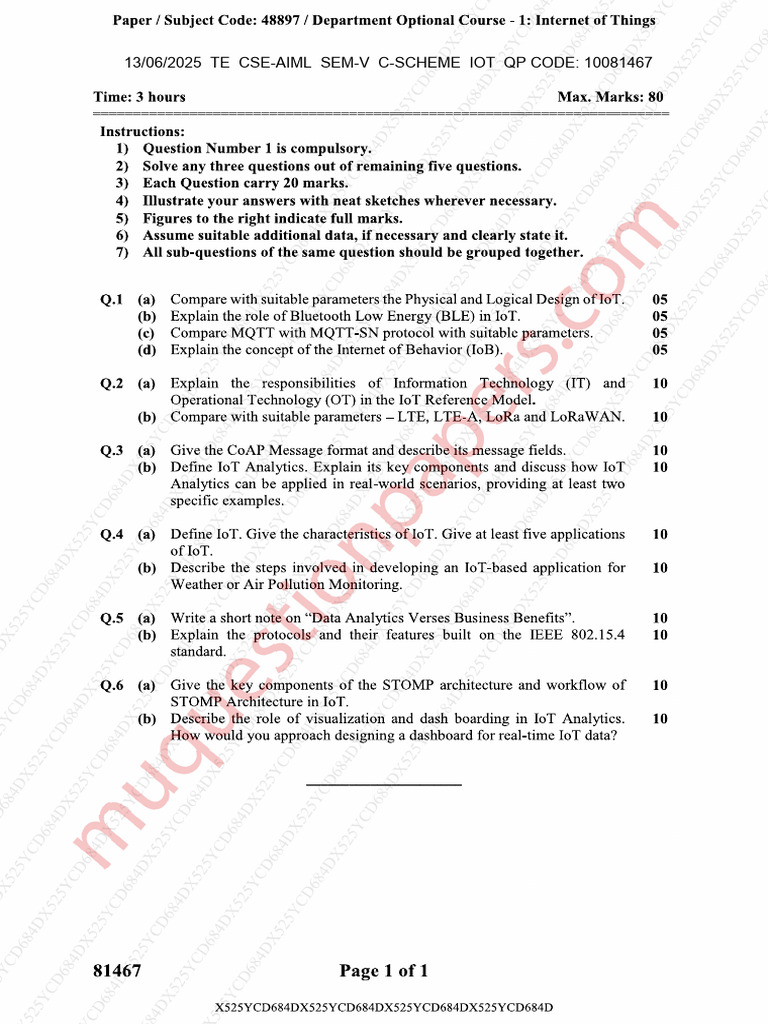 IoT Exam Paper for CSE-AIML Students | PDF