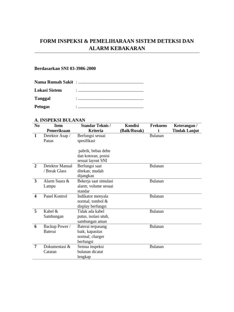 Form Inspeksi Pemeliharaan Deteksi Alarm Kebakaran RS | PDF