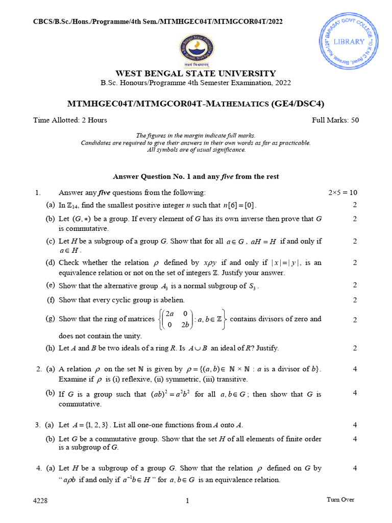 Mathematics (Gen) Question (WBSU) SEM4 MTMG 2019-22 Library | PDF ...