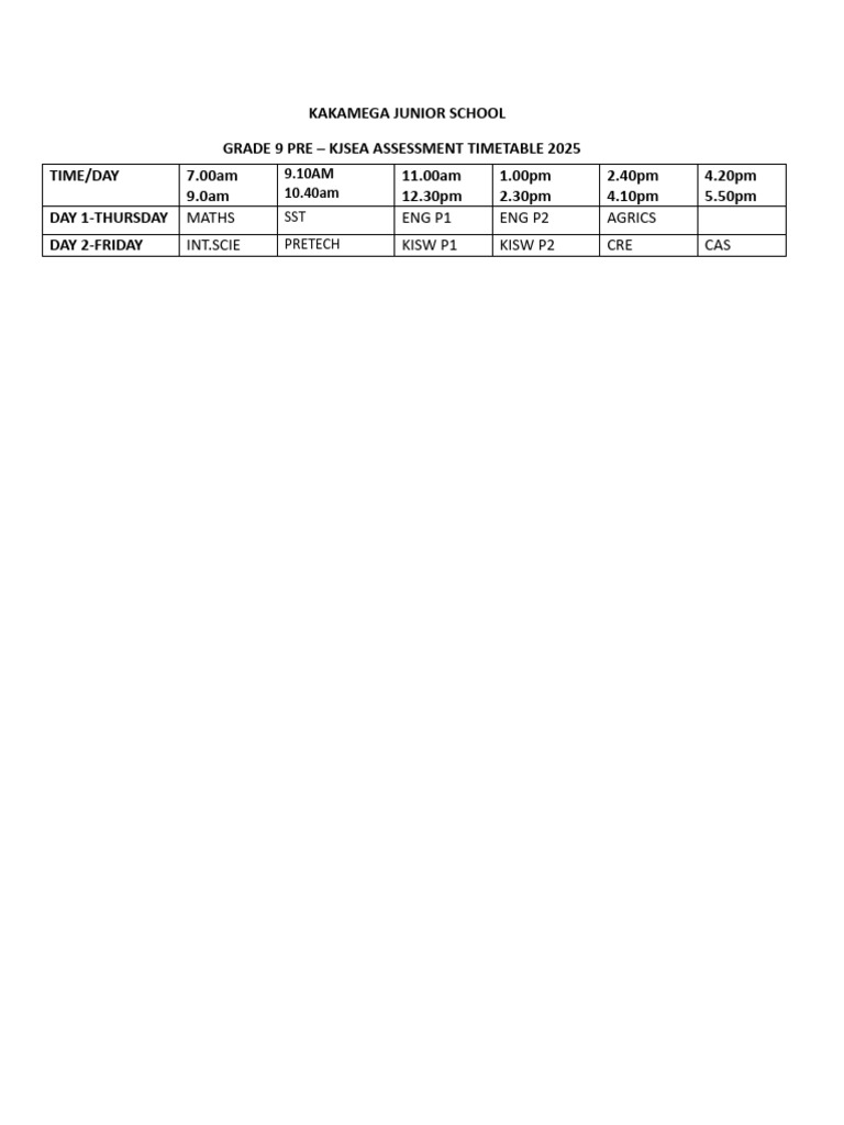 Grade 9 Pre-Kjsea Timetable | PDF