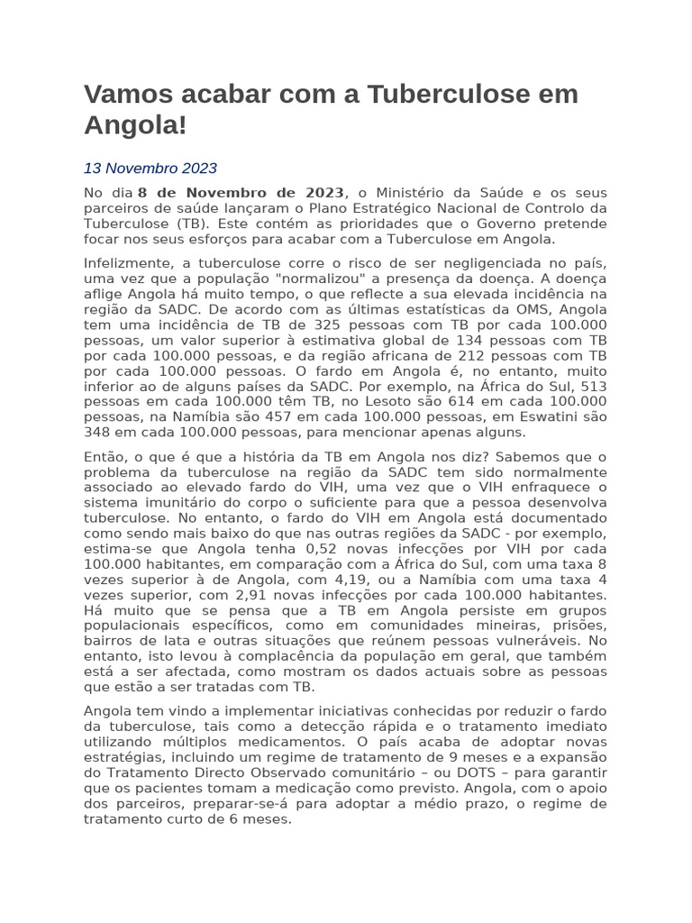 Vamos Acabar Com a Tuberculose Em Angola | PDF | Angola | Tuberculose