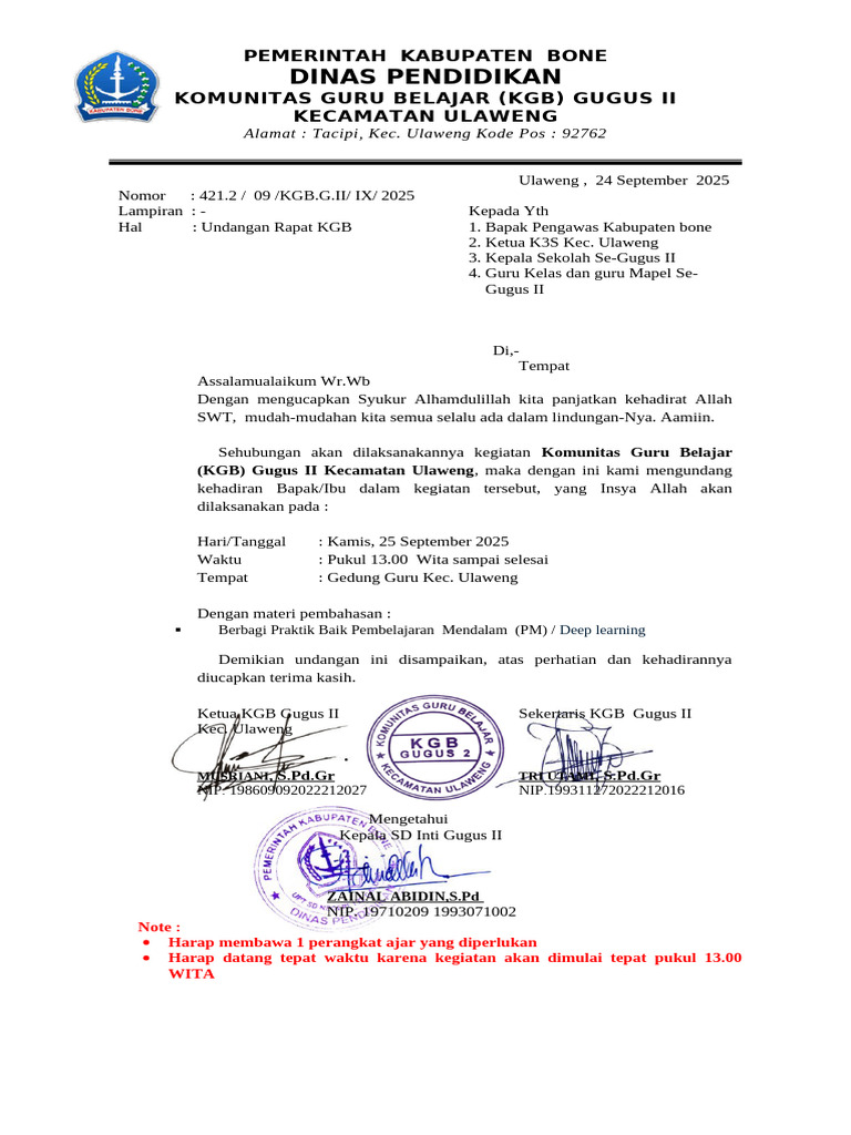 Undangan Rapat KGB Gugus II Ulaweng | PDF