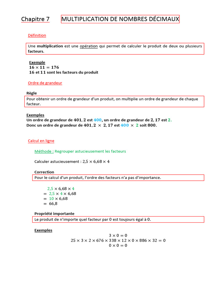 6-CHAPITRE 7 - Multiplication de Nombres Décimaux | PDF