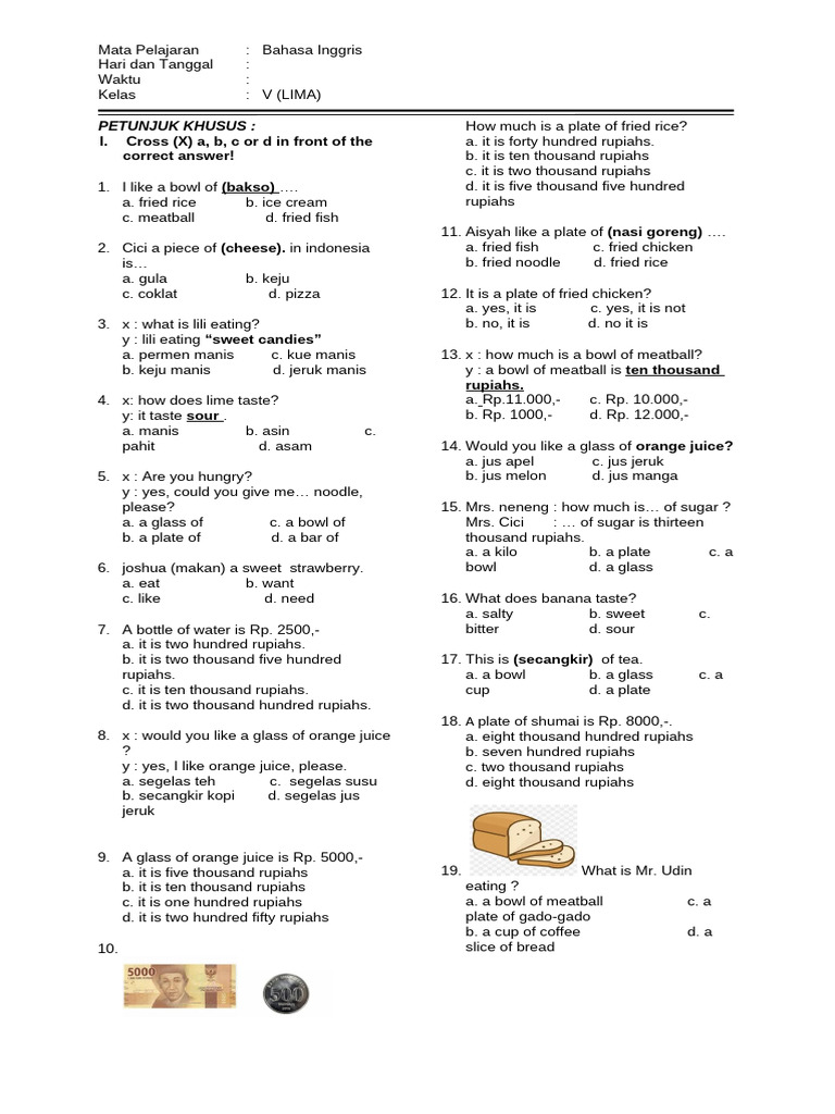English Quiz for 5th Grade Students | PDF | Taste