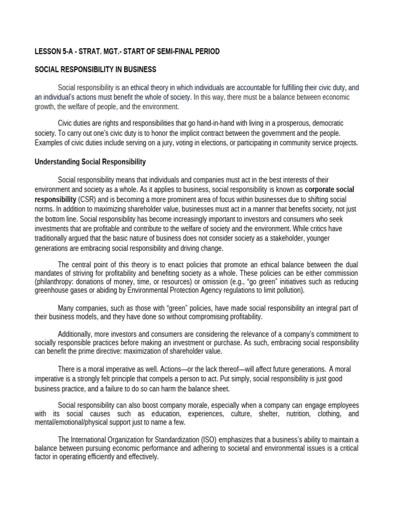 Lesson 5 A Strategic Management | PDF | Corporate Social Responsibility ...