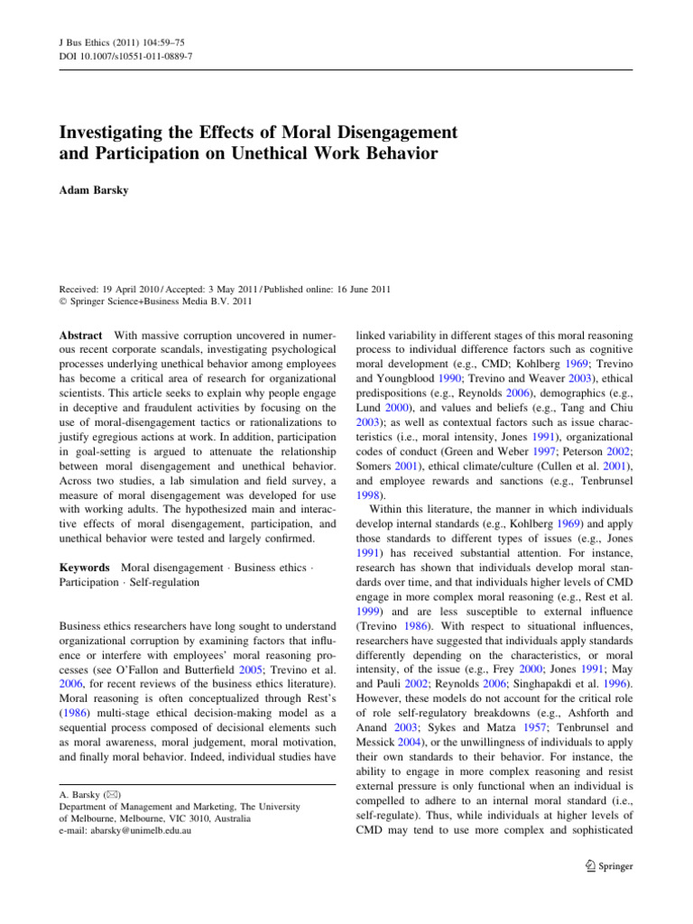 Investigating The Effects of Moral Disengagement and Participation On ...