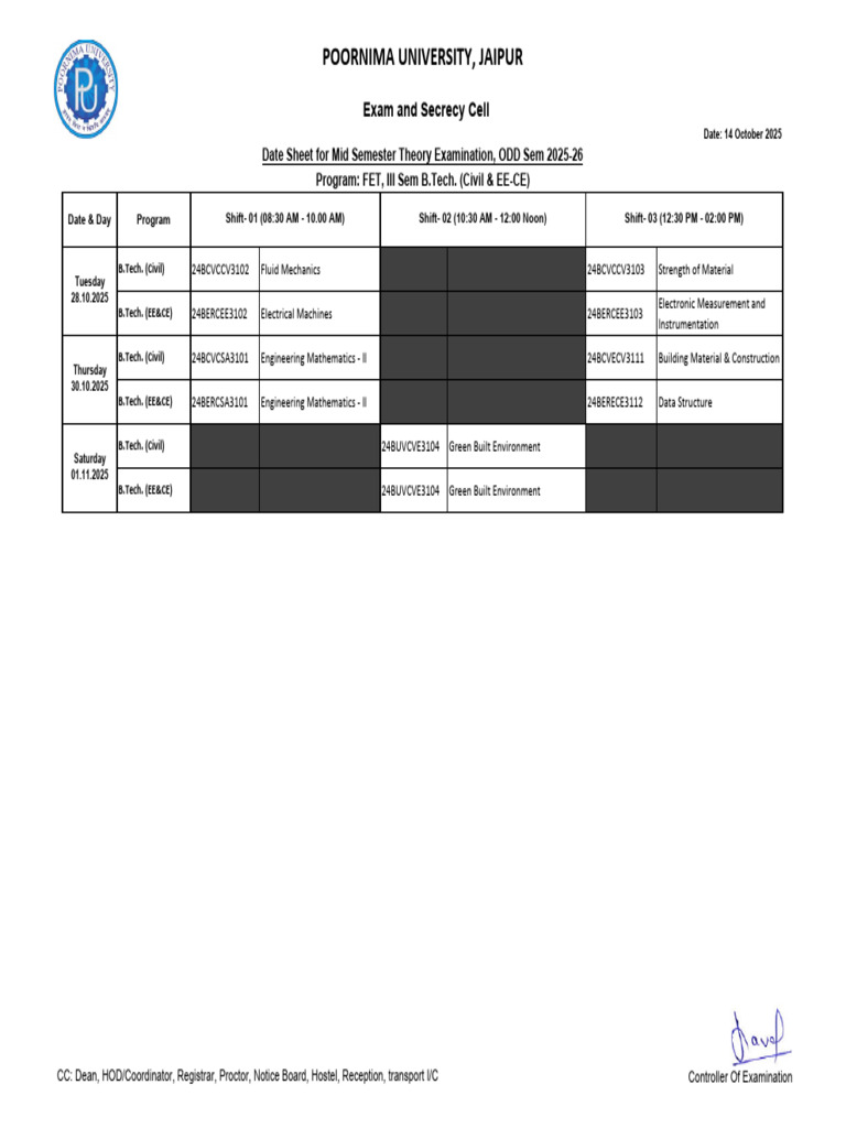 FET Higher Sem MSE Time Table 2025-26 Odd Sem | PDF | Physical Sciences | Applied And ...