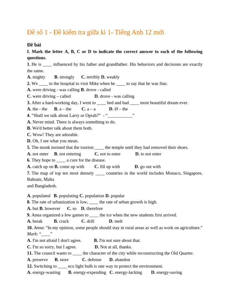 DeKiemTraGiuaKy1 Lop12 ThuThuy KhongDapAn | PDF | Swimming (Sport) | Urbanization