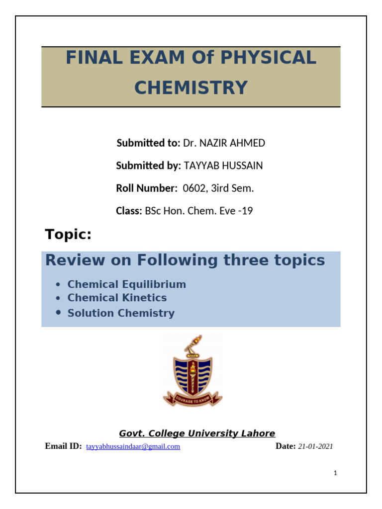 Physical Chemistry Final Exam Review | PDF | Chemical Equilibrium ...