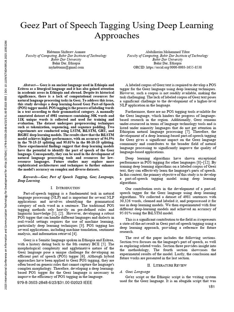 Geez Part of Speech Tagging Using Deep Learning Approaches | PDF | Noun ...